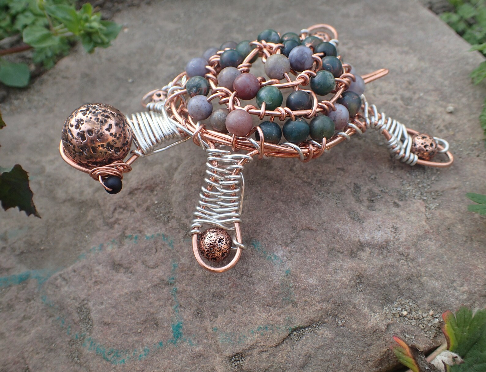 Turtle Copper Wire Sculpture Gemstone Green Beads Artwork, Underwater ...