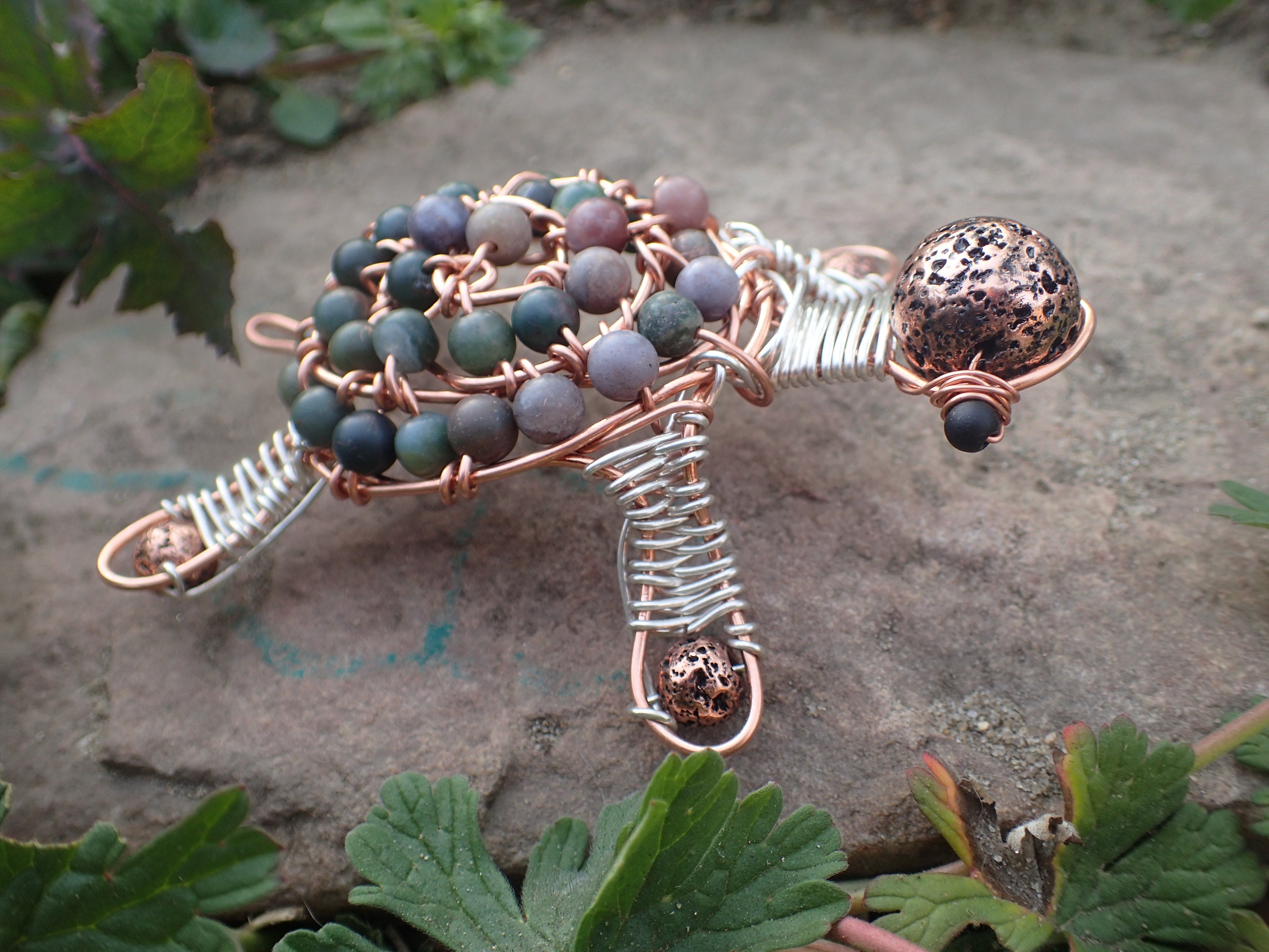 Turtle Copper Wire Sculpture Gemstone Green Beads Artwork, Underwater ...