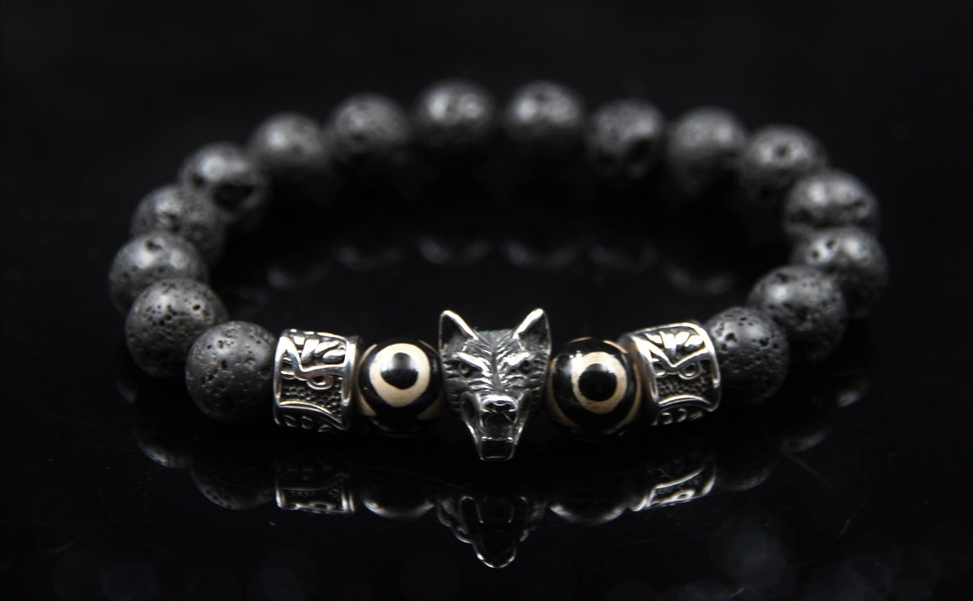 Men's Wolf Bracelet Animal Gemstone Bead Bracelet Black Silver Elastic ...