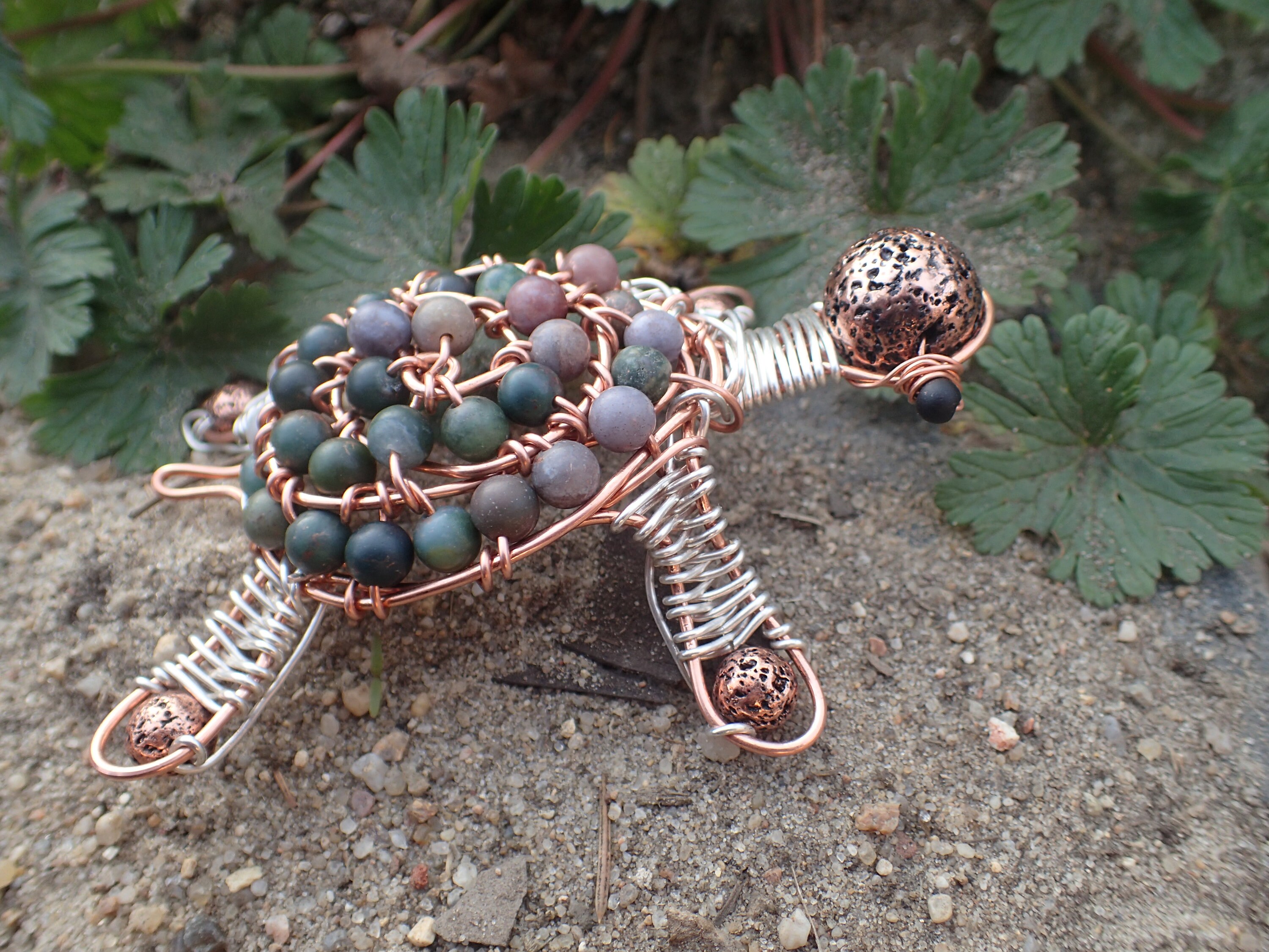 Turtle Copper Wire Sculpture Gemstone Green Beads Artwork, Underwater ...