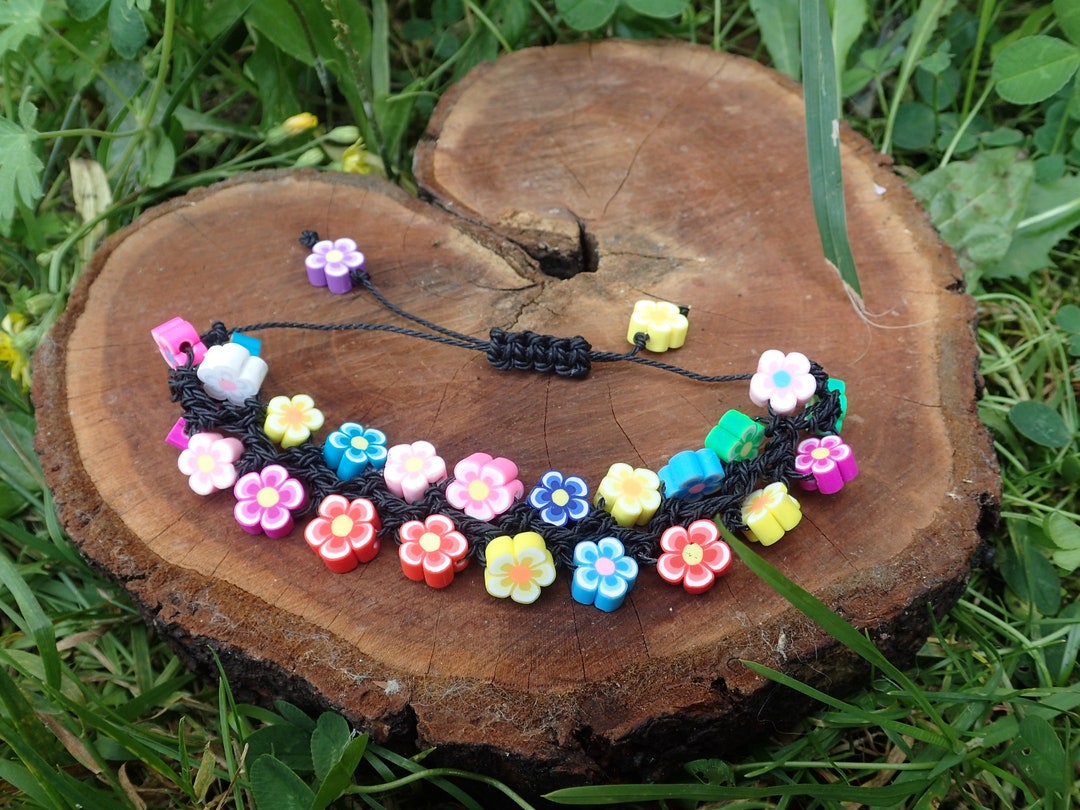 Colorful Crochet Bracelet With Fimo Flower Beads Good Mood Boho Jewelry ...