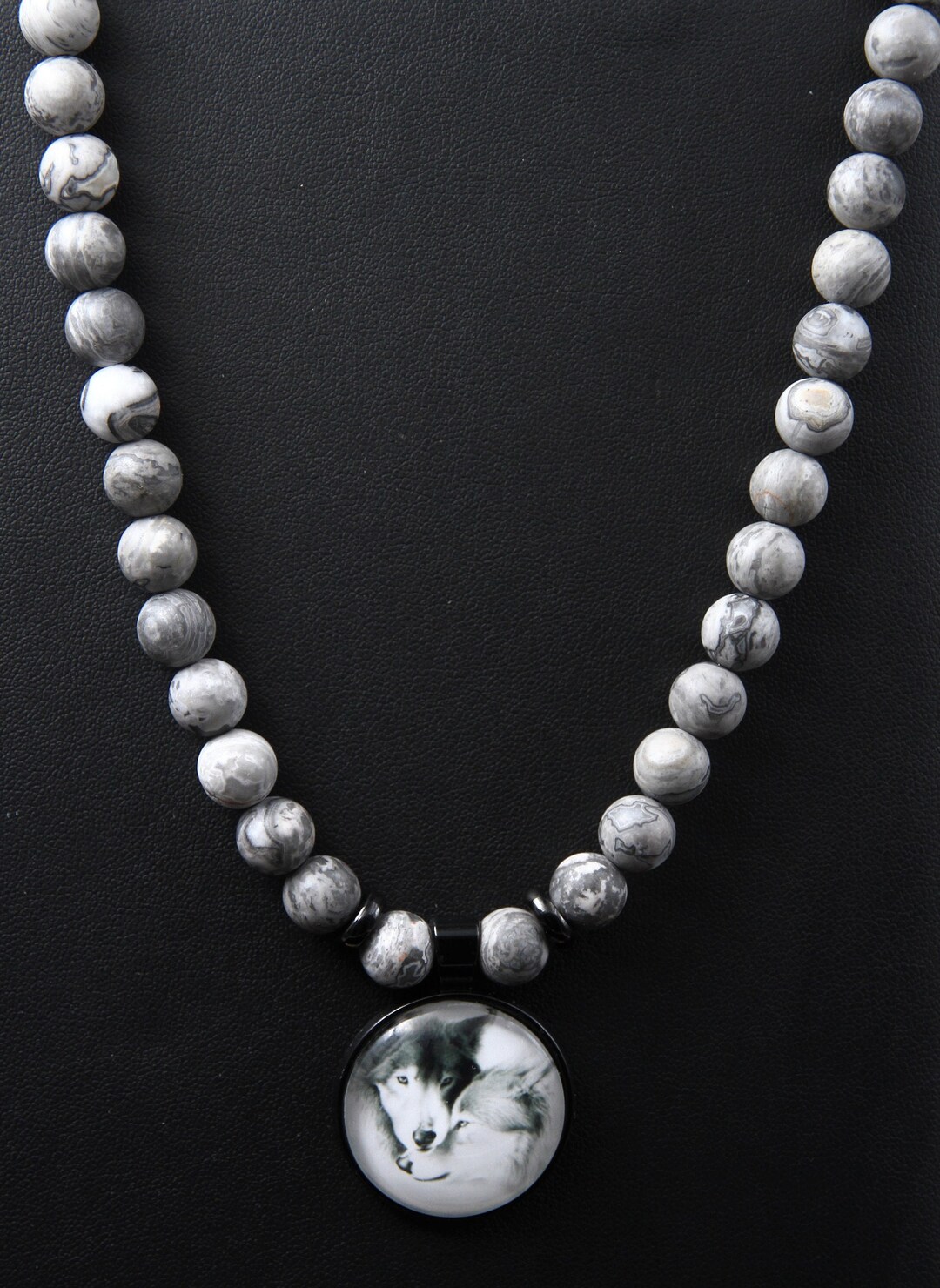 Wolf Pendant Necklace With Grey Jasper Beaded Necklace Grey - the ...