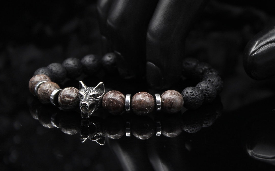 Animal Wolf Beaded Bracelet Men's Real Lava Obsidian Beaded Bracelet ...
