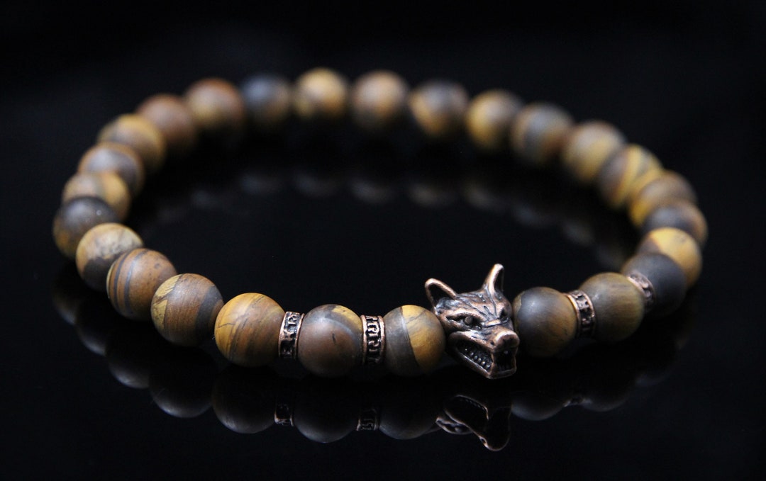 Stone Bracelet Men Animal Wolf Beads Tiger Eye Bracelet Men Brown Tiger ...