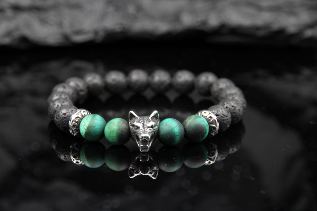 Unisex Wolf Bracelet Lava Tiger's Eye 10 Mm Stretch Bracelet With Beads ...