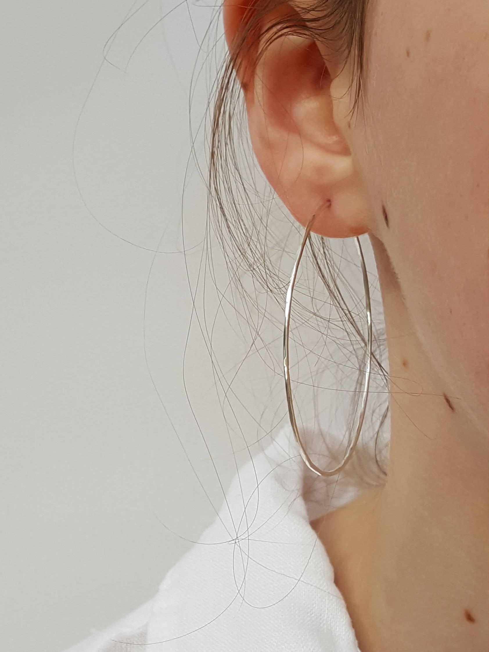 Large Silver Hoop Earrings Thin Hammered Sterling Silver | Etsy