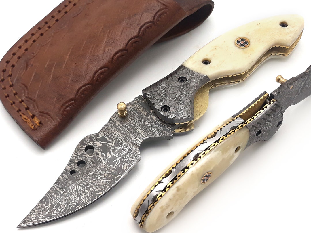 Damascus Folding Knife With Liner Locker, Multi Colour Mosaic, Pin ...
