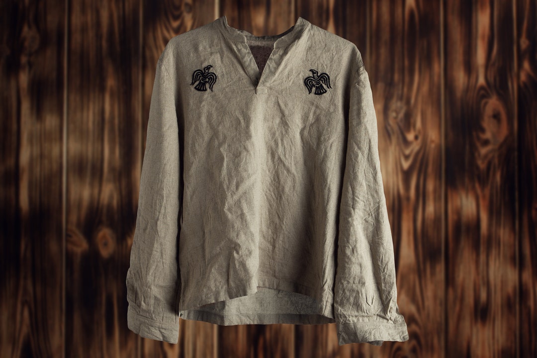 Medieval Style Linen Shirt With Ravens, Viking Style Man Shirt, Rustic ...