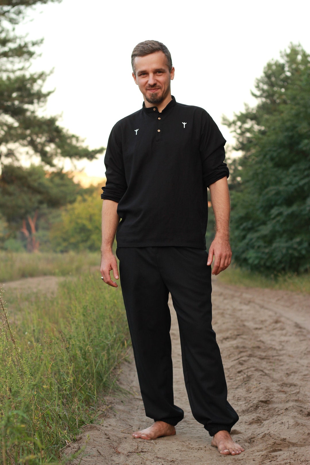 Costume With Silver Runes Algiz, Set of Black Linen Shirt & Pants for ...
