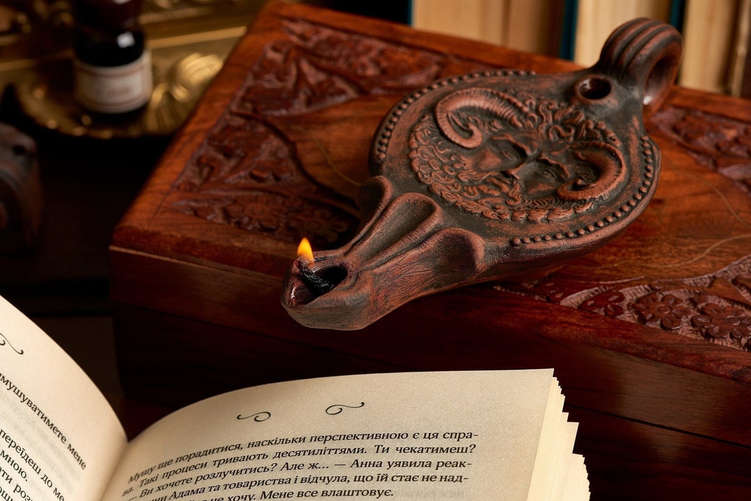 Roman Style Oil Lamp, Ancient Greek Lamp With Zeus-ammon, Greek ...