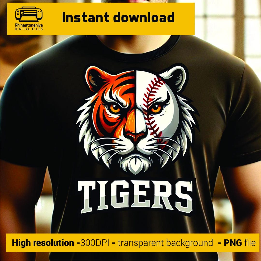 Tigers Baseball Mascot PNG – Split Face Tiger & Baseball Design | DTF ...