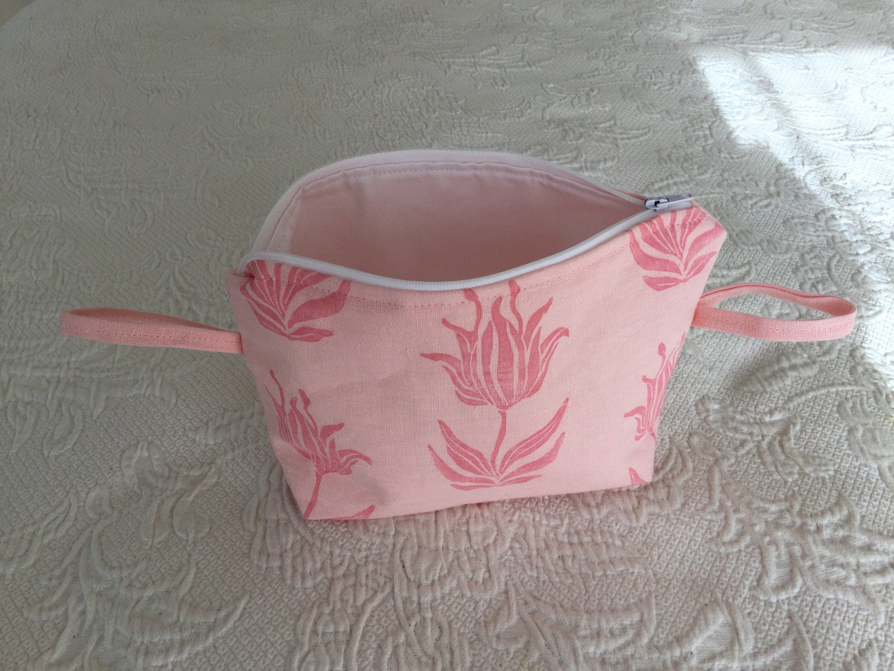 Pink Linen Zipper Bag, Floral Print Makeup Pouch, Block Printed ...