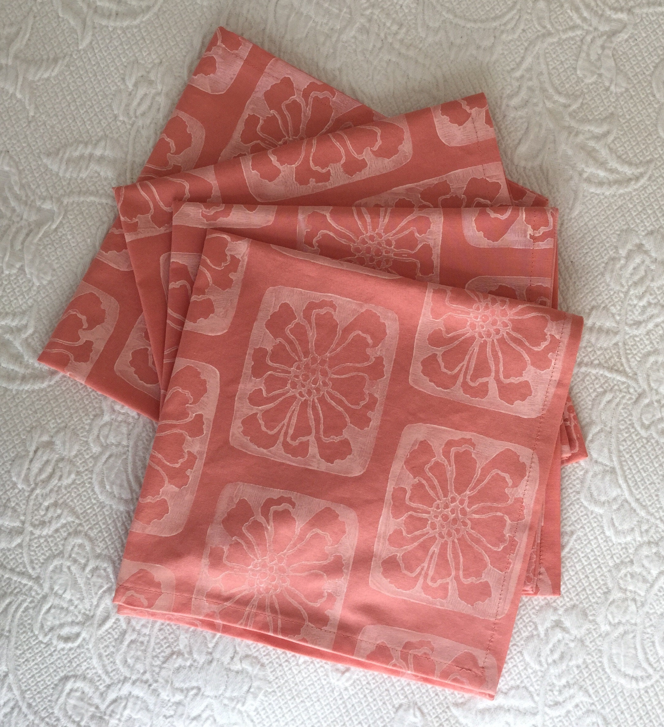 Peach Cotton Napkins, Block Printed Salmon Fabric, Napkin Set of Four ...