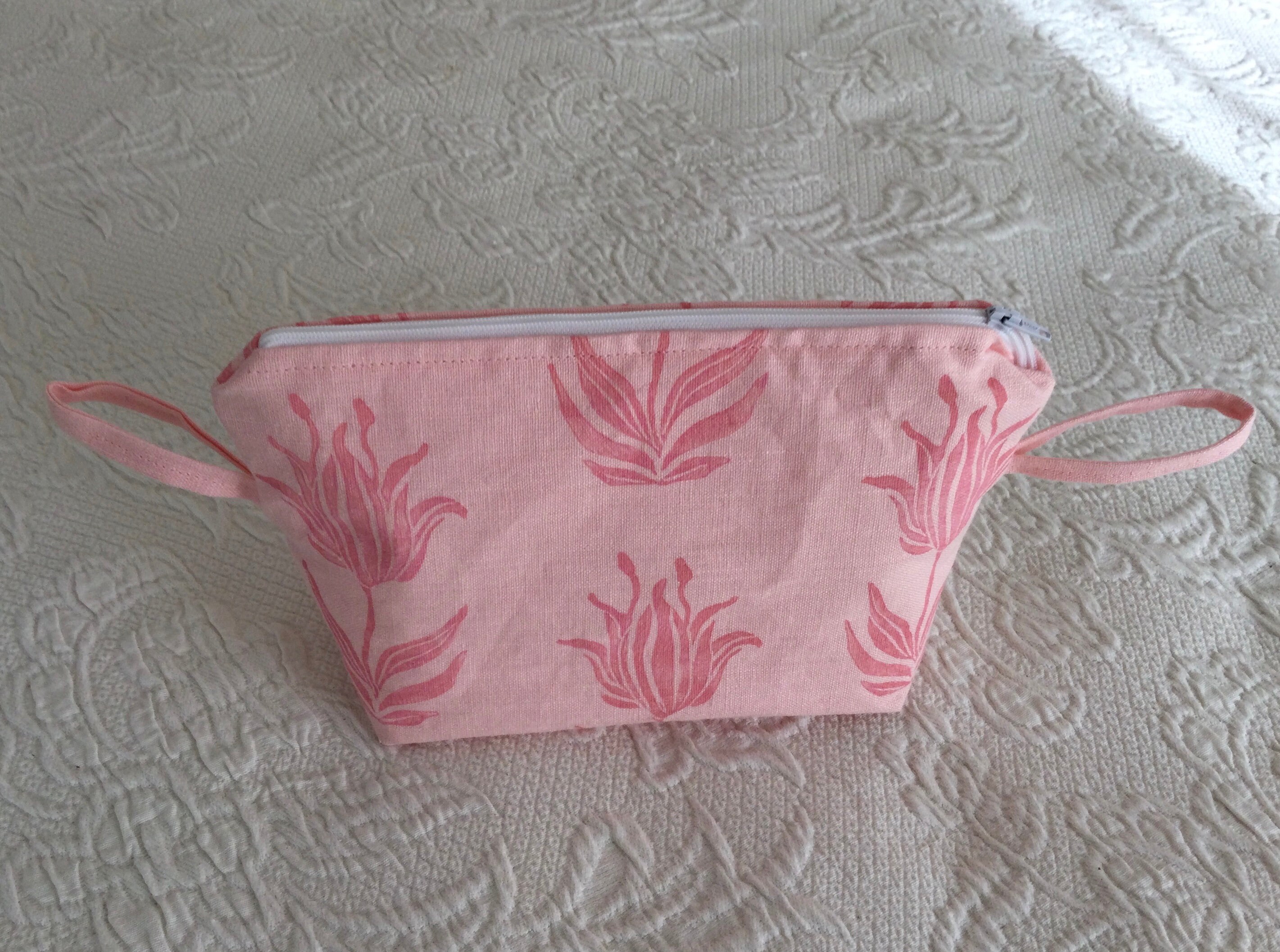 Pink Linen Zipper Bag, Floral Print Makeup Pouch, Block Printed ...