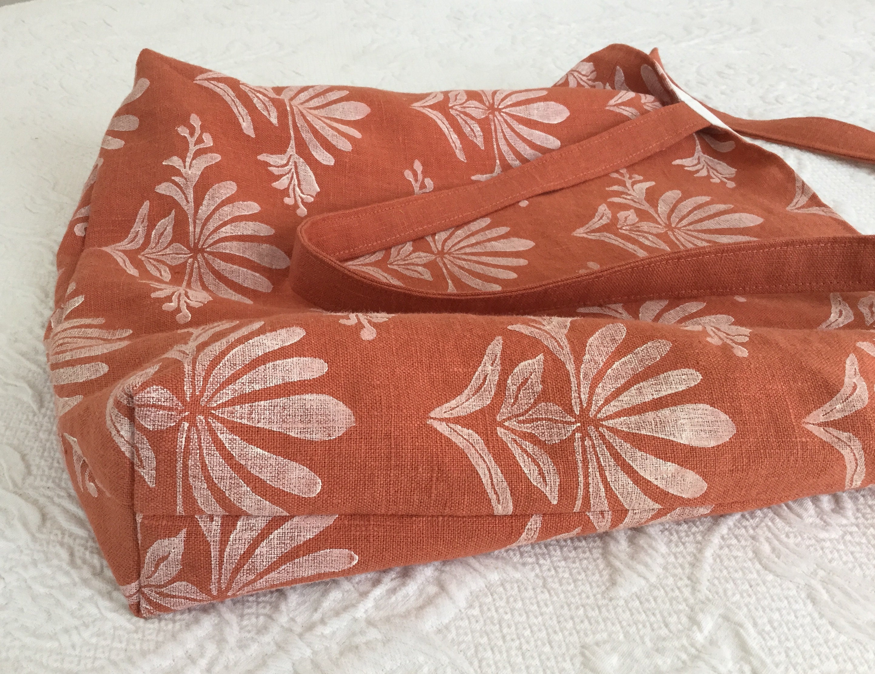 Terracotta Linen Bag, Block Printed Fabric, Handprinted Cloth Tote ...