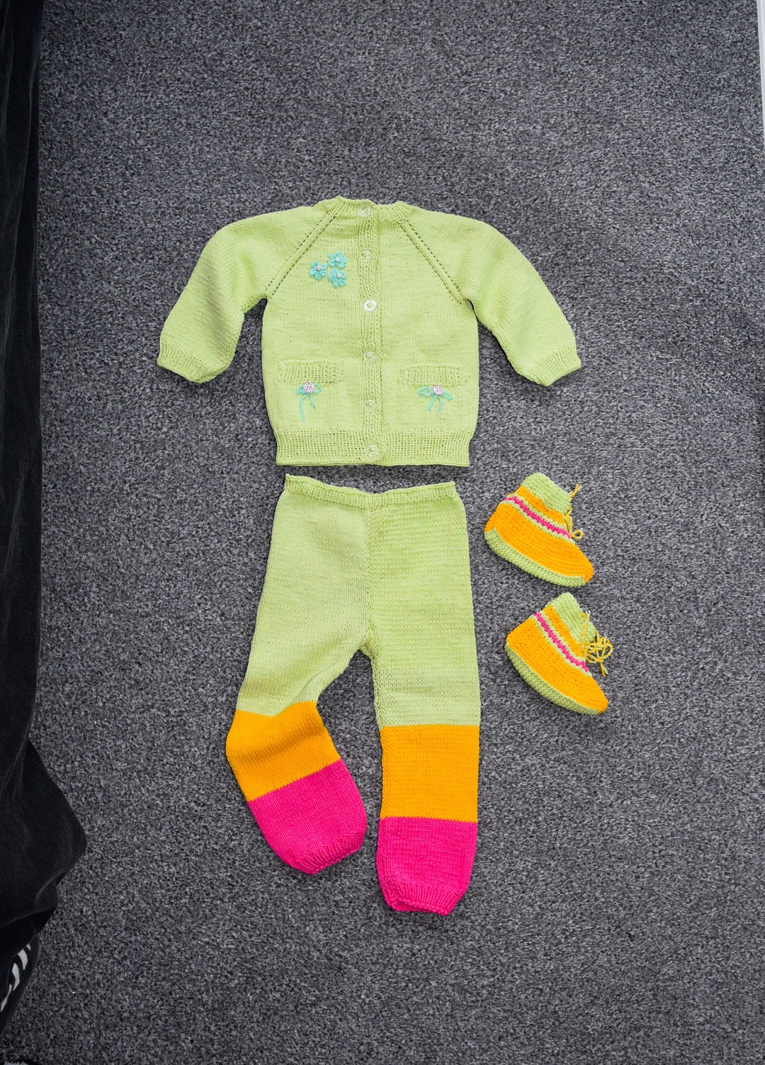 Hand Knitted Baby Set: Cotton Blend Cardigan, Pants & Booties (3-6 ...