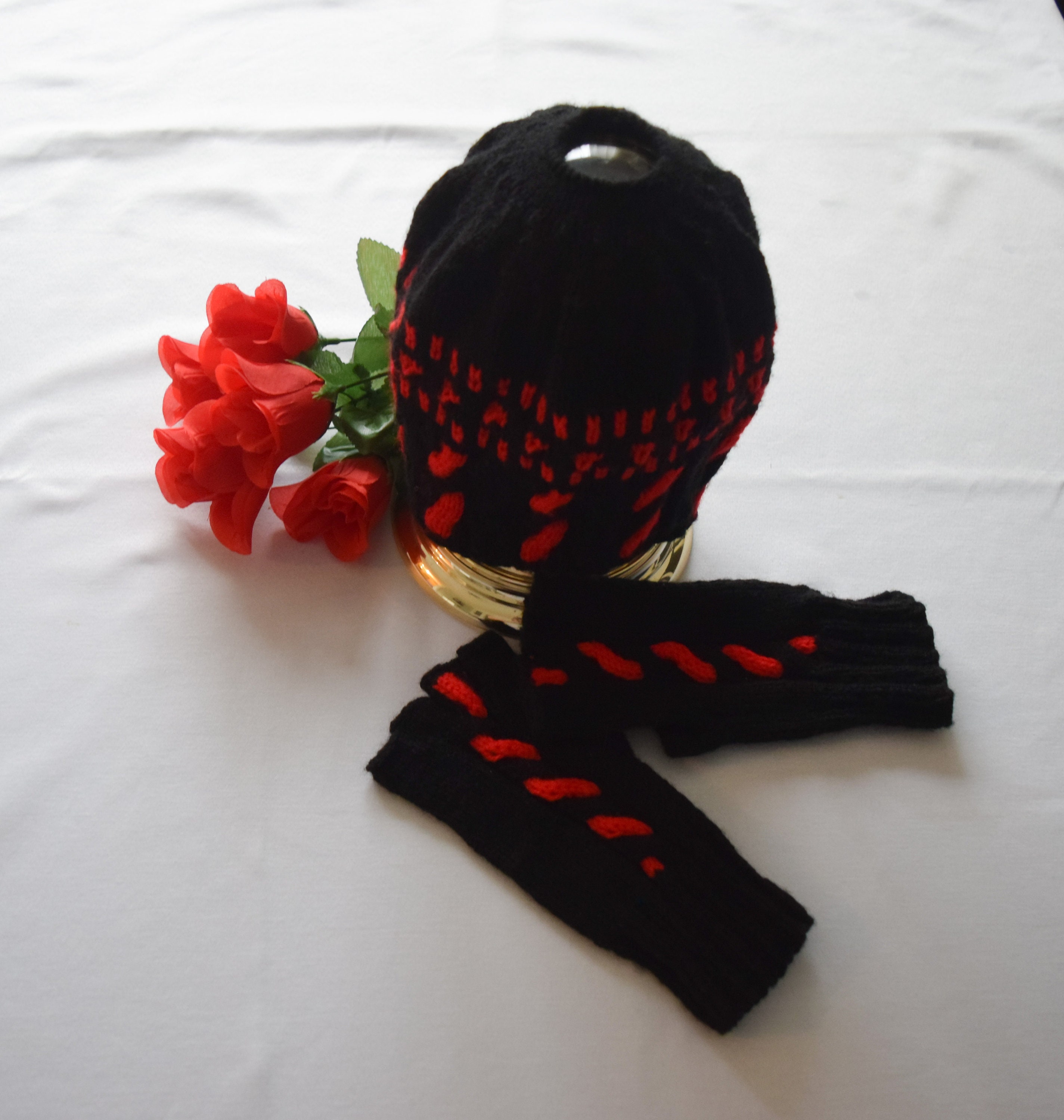 Hand Knitted Set Hat With a Hole for Hair Fingerless Gloves - Etsy UK