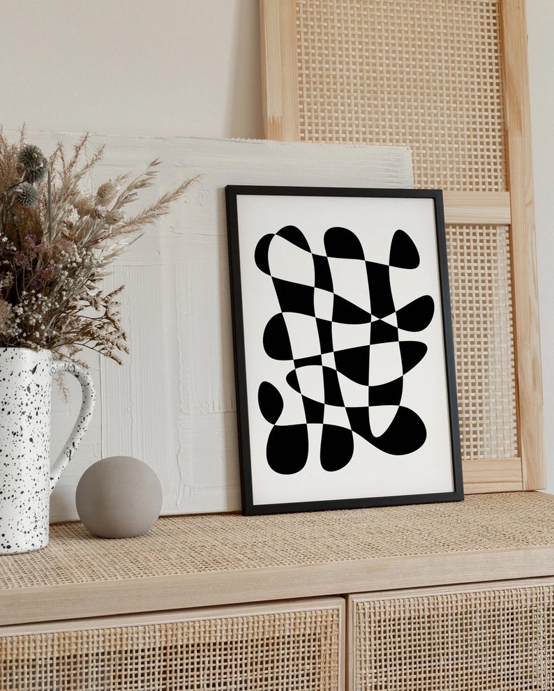 Checkered Wall Art Print Download Wavy Black and White Funky - Etsy