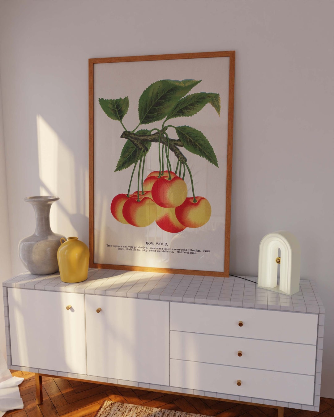 Wood Cherry Print Vintage Fruit Market Rainier Cherry Illustration ...