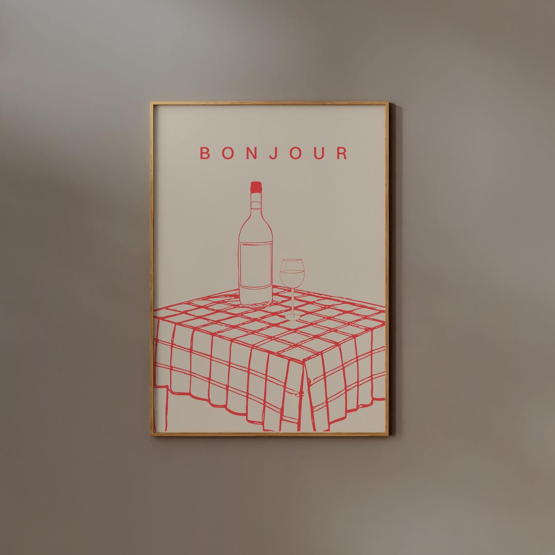 Bonjour Print Bar Cart Art Wine Line Drawing Poster Trendy French ...