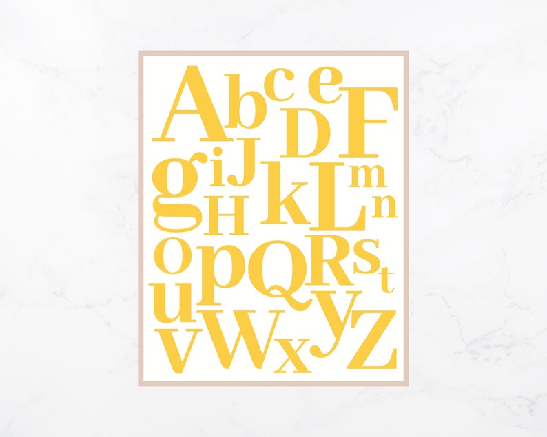Alphabet text print yellow lowercase caps minimal kids | Etsy