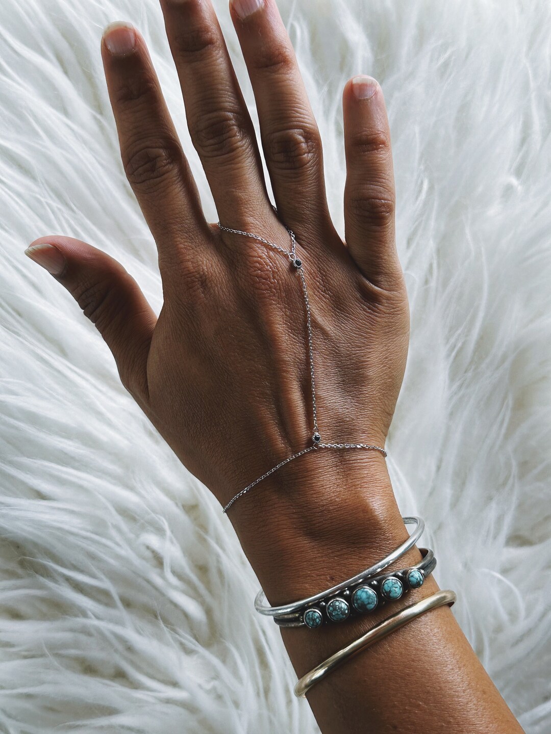 STERLING SILVER Hand Chain Slave Bracelet Dainty Jewelry Black CZ Stones Simple Jewelry Body Jewelry Adjustable Handmade Etsy