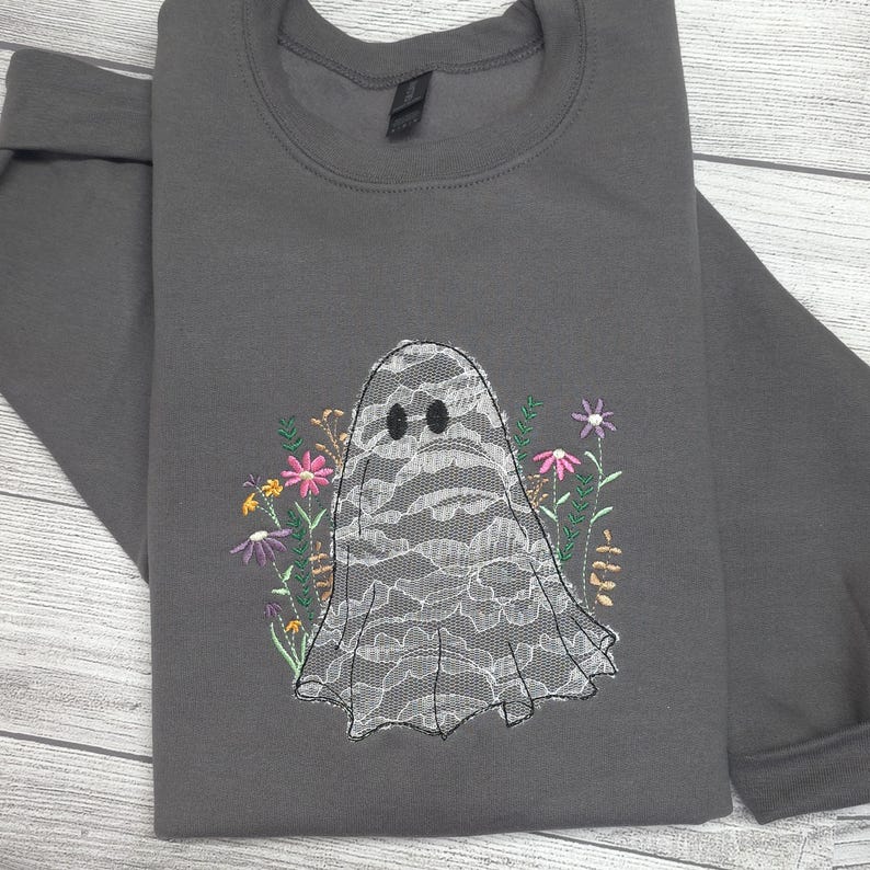 Lace Ghost With Wildflowers Halloween Embroidered Sweatshirt - Etsy