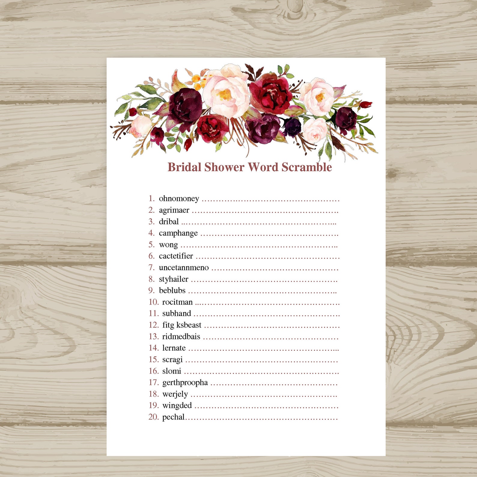 Bridal Shower Word Scramble Whit Answer Unscramble Wedding Etsy