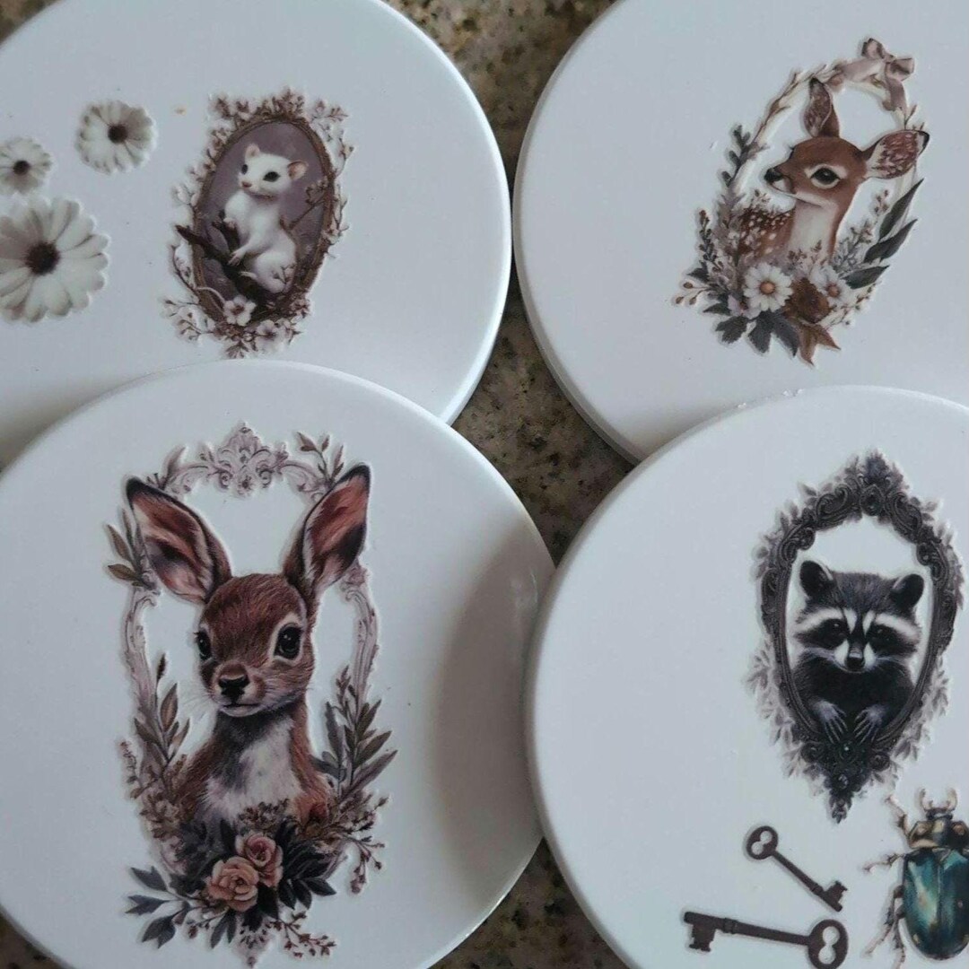 Woodland Animal Coasters: Cottagecore Raccoon, Fawn, Weasel, Rabbit ...