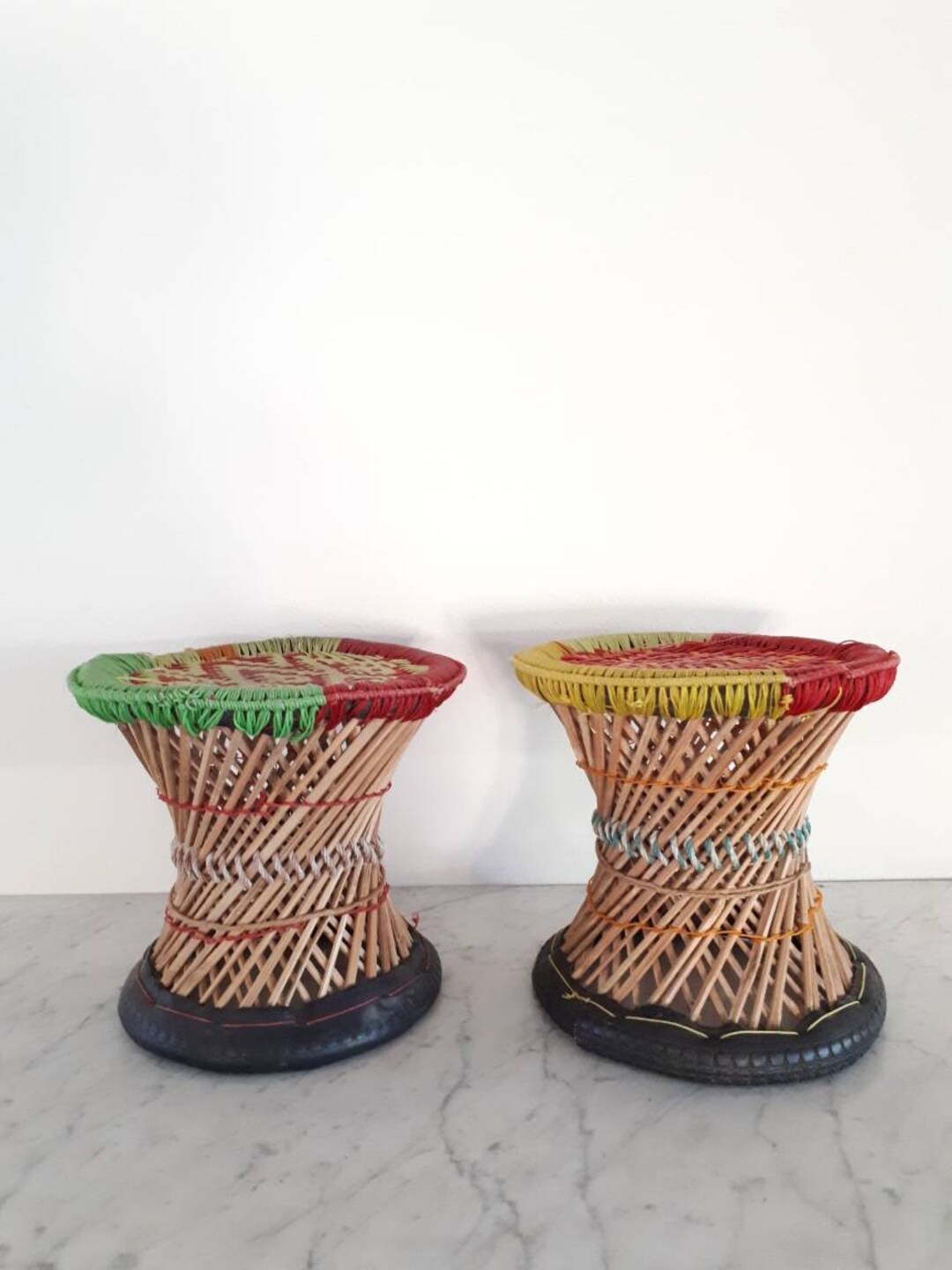 Pair of Funky Colorful Rattan Wicker Cane Stools Poof Plant Stands ...