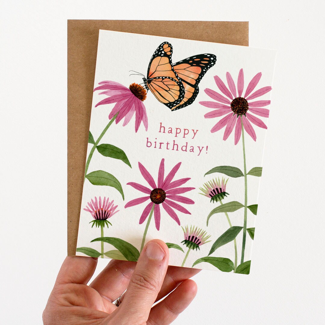 Coneflower and Monarch Birthday Card | Birthday Watercolor Card for ...