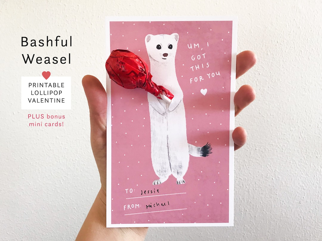 Bashful Weasel Printable Valentine Card | Lollipop Kids Funny, Cute Valentine Card - Etsy