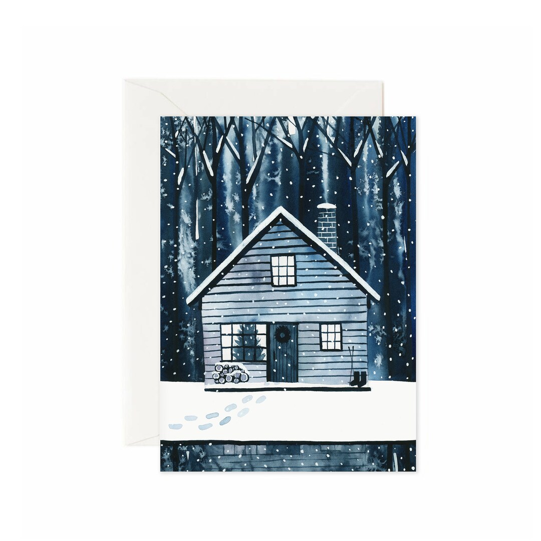Christmas Cabin Holiday Card | Winter Landscape Watercolor Christmas ...
