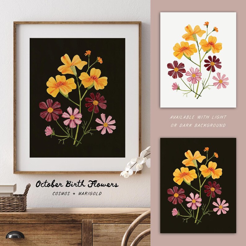 October Birth Flower Print | Watercolor Marigold + Cosmos | Framed or ...