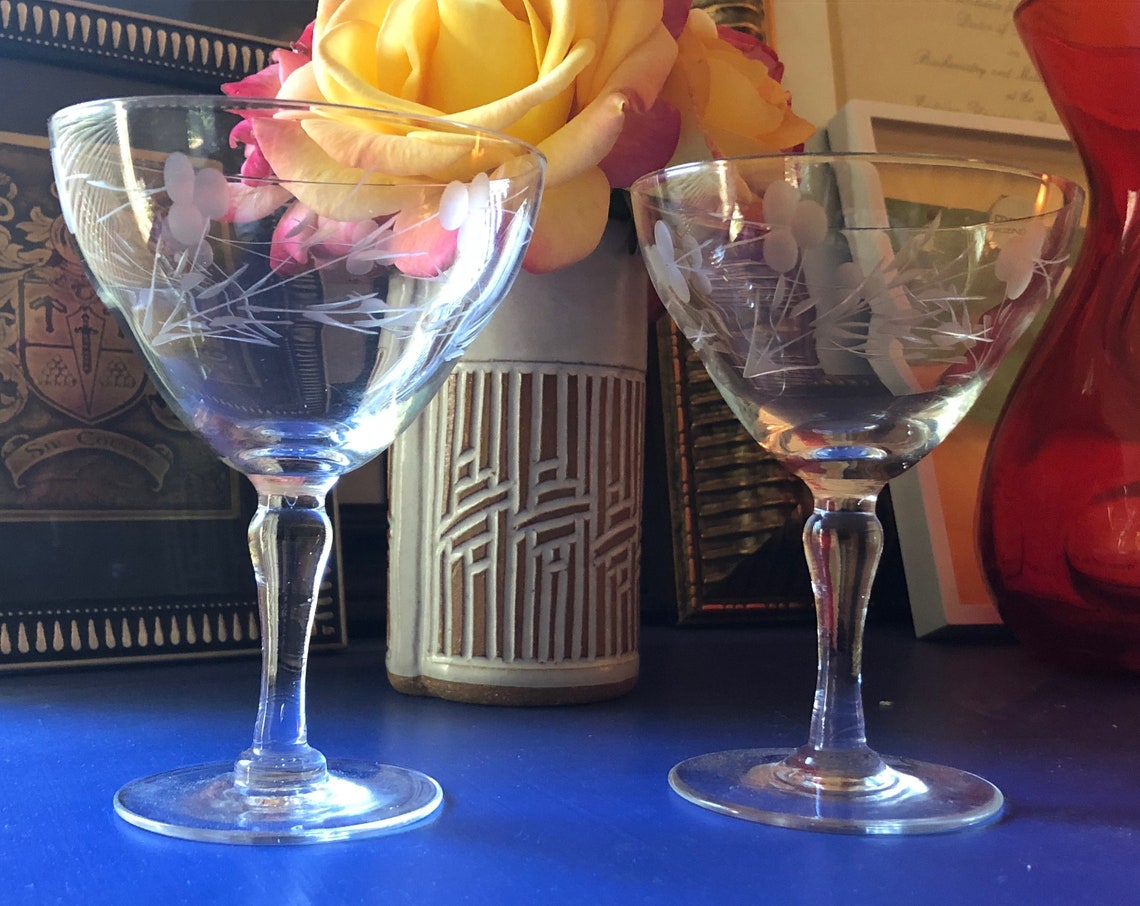 Desert Glasses Pair Of Vintage Etched Crystal Dessert Or Wine Etsy