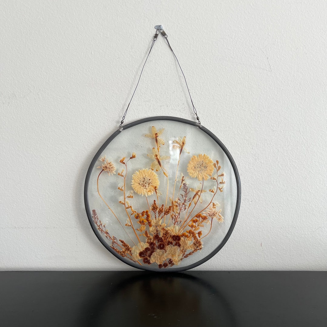 Vintage Large Pressed Flower Glass Frame: Round Suncatcher Wall Decor ...