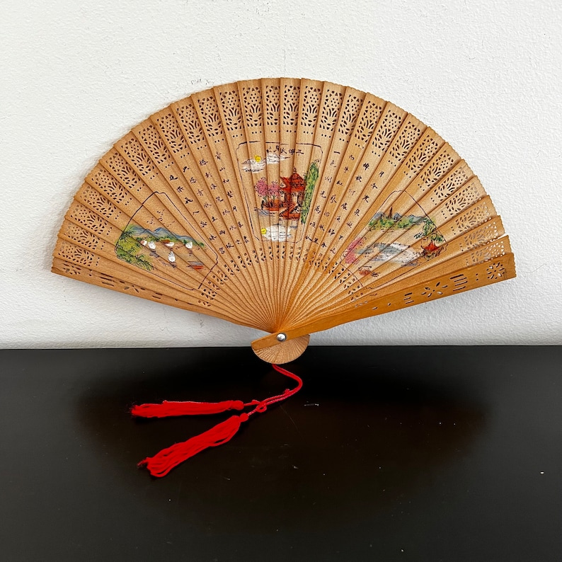 Vintage Chinese Wooden Folding Fan: Oriental Landscape Decor - Etsy