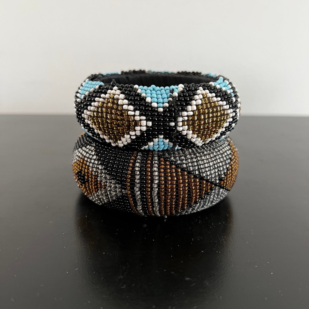 Vintage,beaded Bangles,african Bangles, Tribal,,textured Bangles,blue and Brown,retro Bangles ...