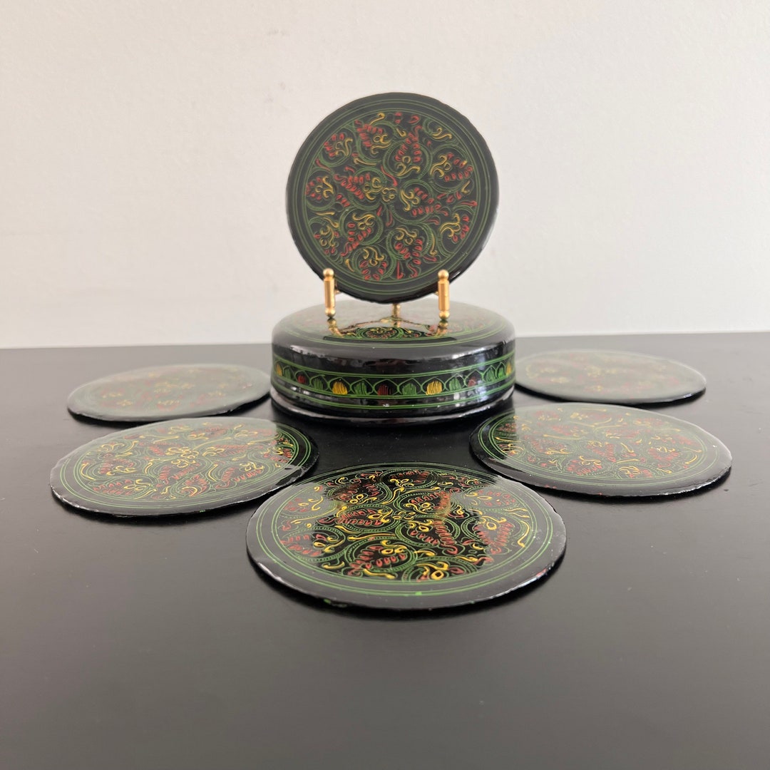Vintage Burmese Lacquerware Coasters: Intricate Hand-painted Set - Etsy