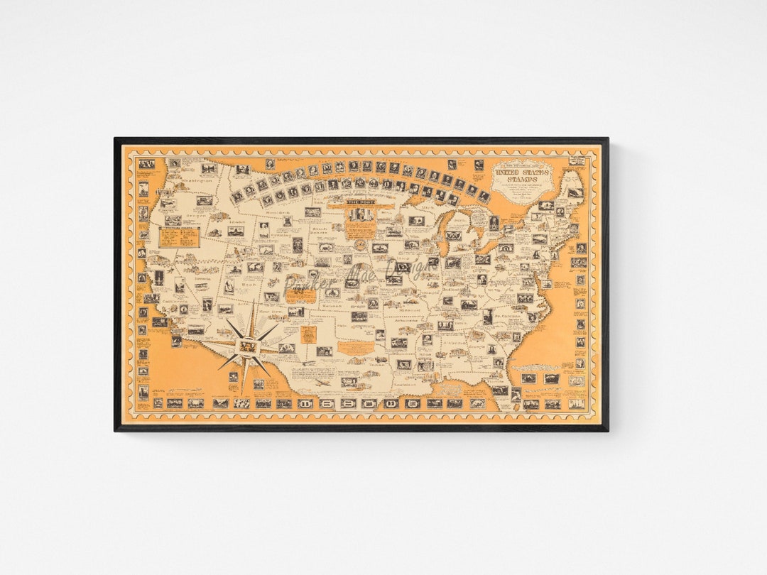 Vintage USA Stamp Map | Old American Stamp Map | 1949 Postage Map ...