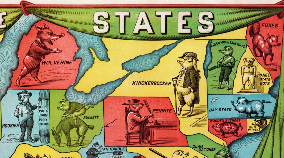 Nicknames of the States Map Vintage USA State Nicknames Map - Etsy