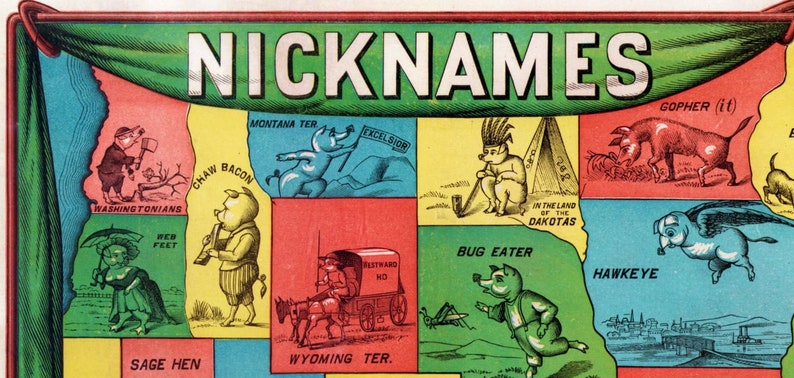 Nicknames of the States Map Vintage USA State Nicknames Map - Etsy