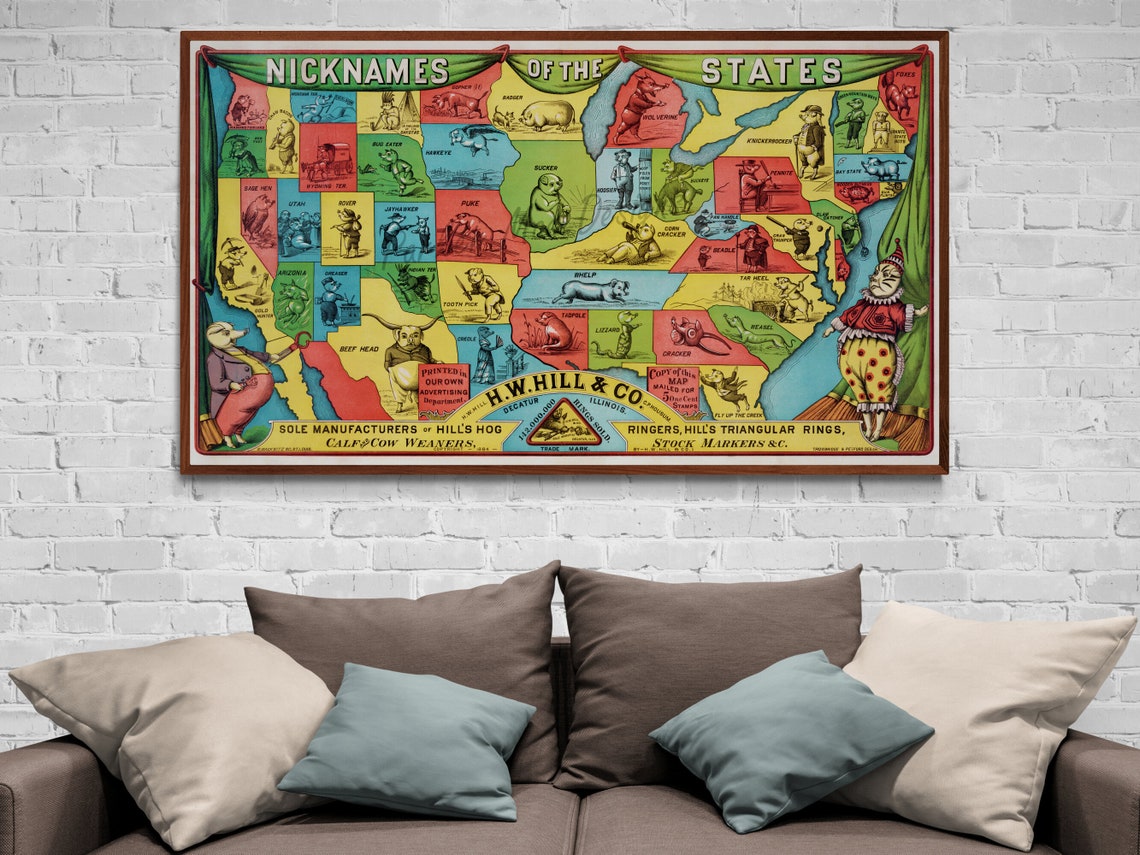 Nicknames of the States Map Vintage USA State Nicknames Map - Etsy