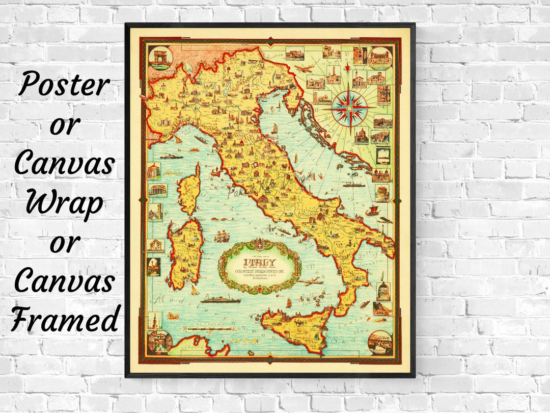 Old Pictorial Map of Italy | Vintage Hand Drawn Map of Italy | Restored ...