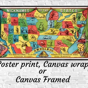 Nicknames of the States Map | Vintage USA State Nicknames Map | 1884 ...
