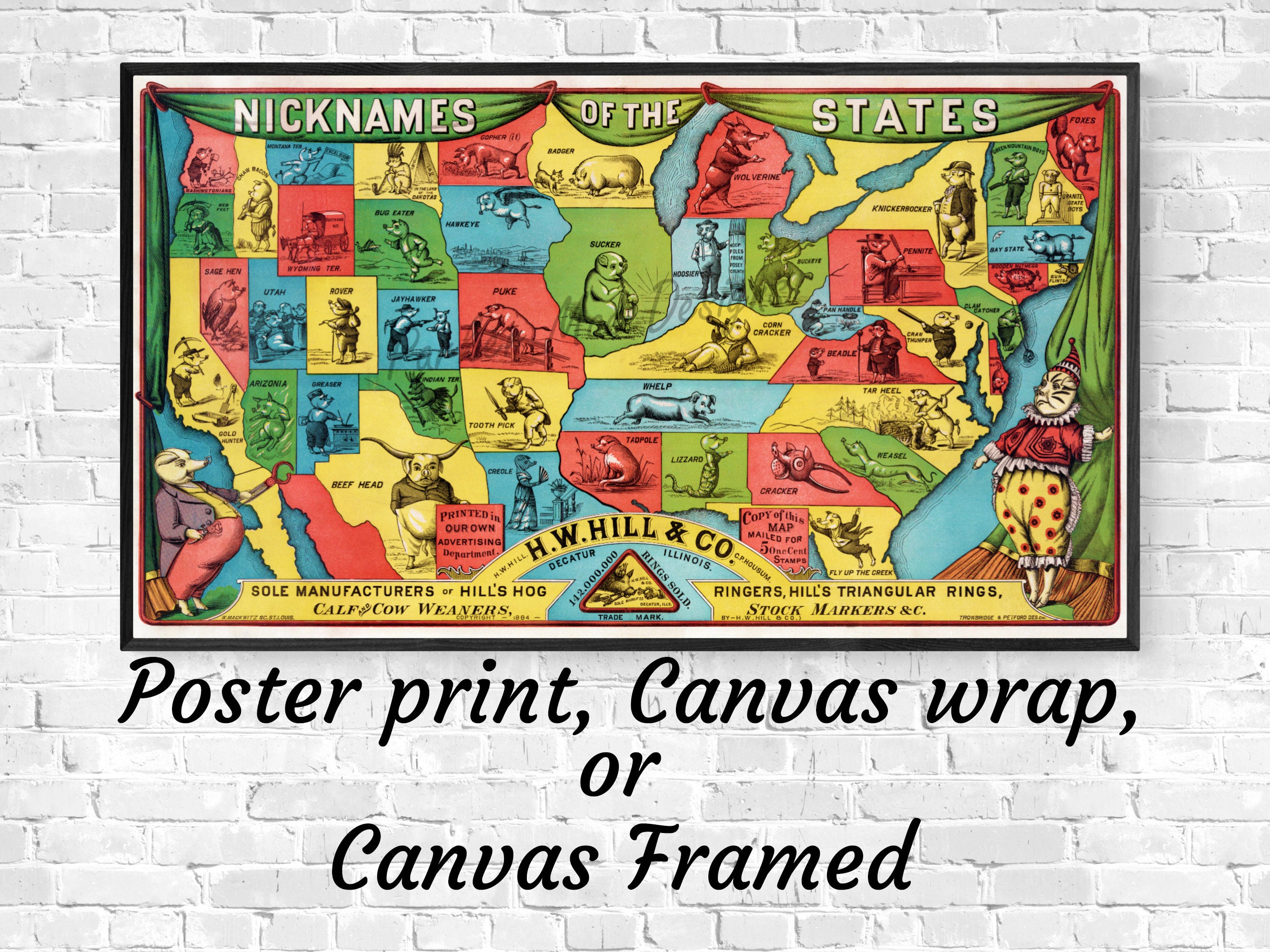 Nicknames of the States Map Vintage USA State Nicknames Map - Etsy