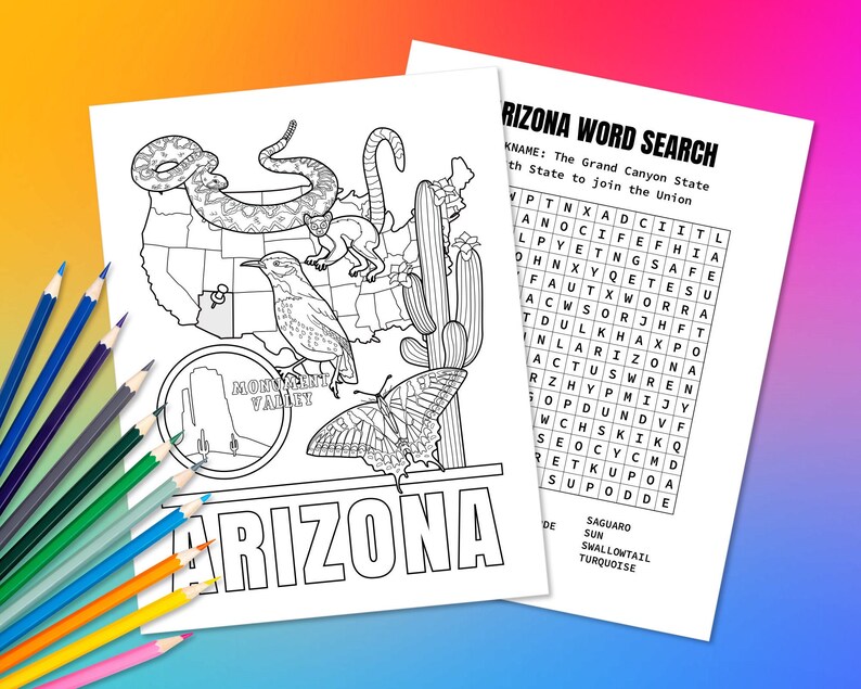 State of Arizona USA Coloring Page & Word Search Puzzle | Fun Geography ...