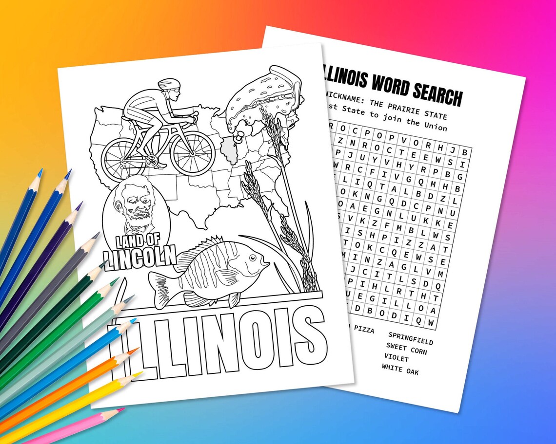 State of Illinois USA Coloring Page & Word Search Puzzle Fun - Etsy