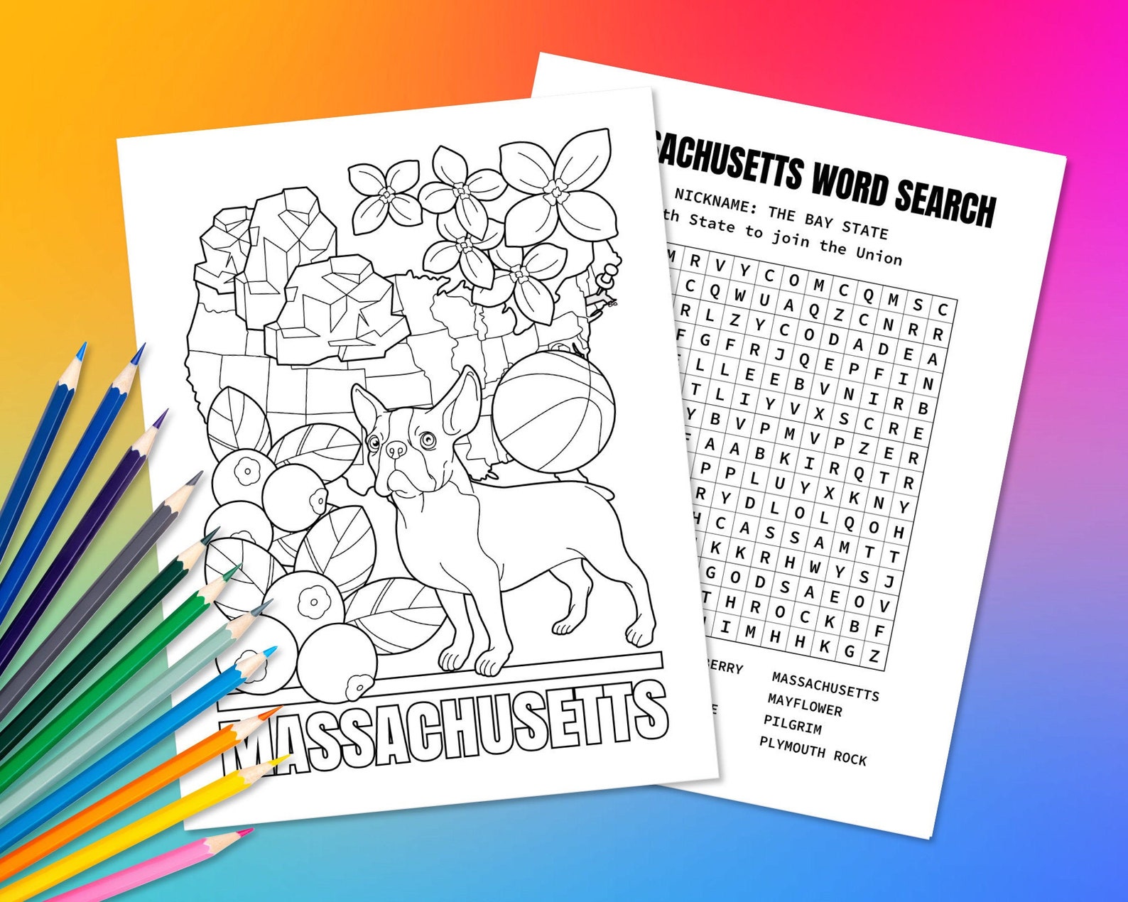 Massachusetts State USA Coloring Page & Word Search Puzzle | Fun ...