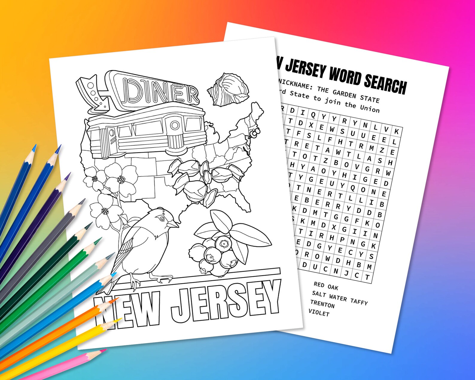 State of New Jersey USA Coloring Page & Word Search Puzzle Fun ...
